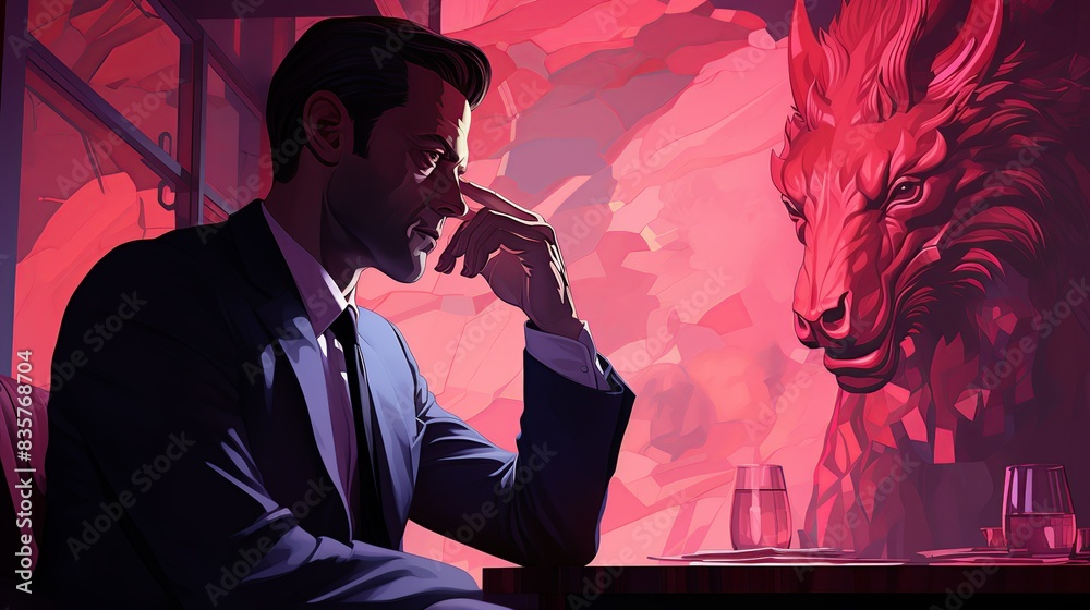 In a high-tech research lab, the businessman studies holographic ...