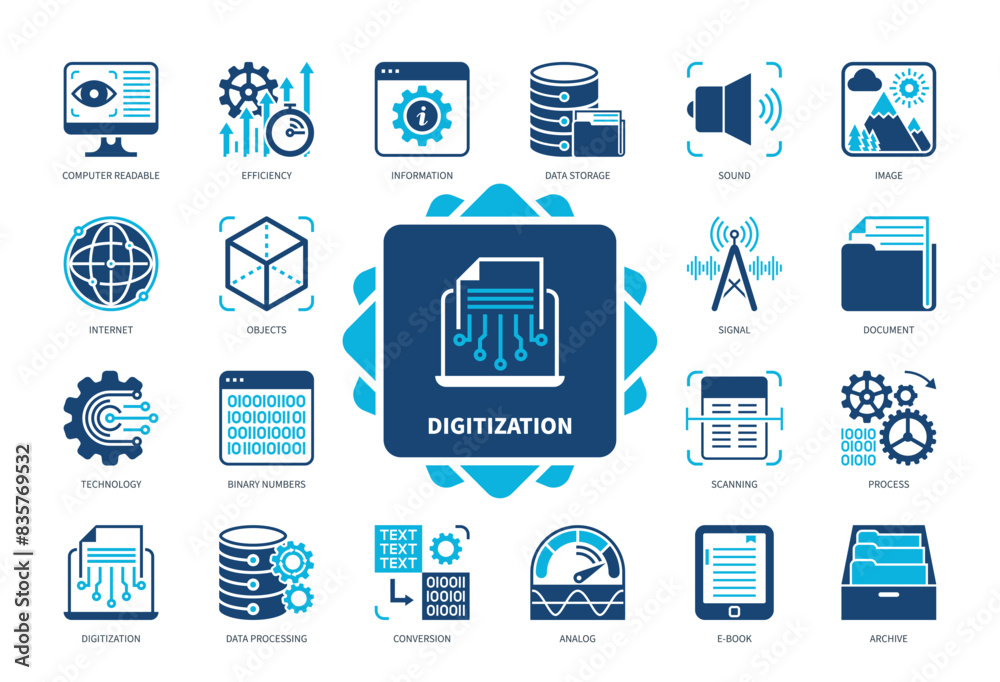 Digitization icon set. Information, Signal, Scanning, Archive ...
