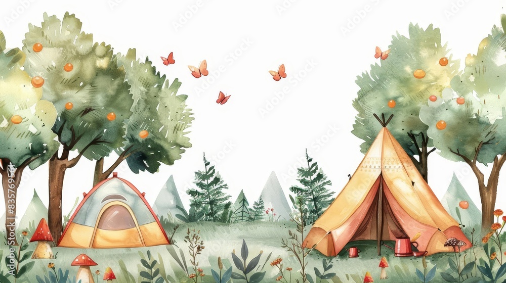 Cute cartoon camping frame border on white background in watercolor ...