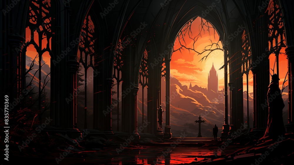 Ilustração do Stock: In a shadowy, gothic cathedral, the businessman ...