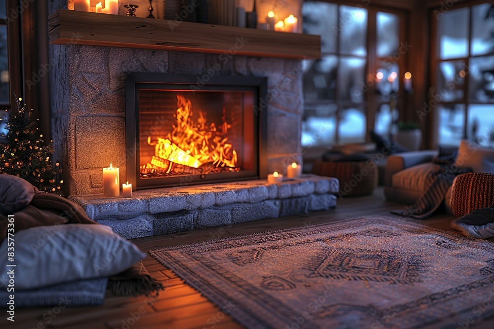 Cozy winter cabin interior with glowing fireplace, comfy seating, and ...