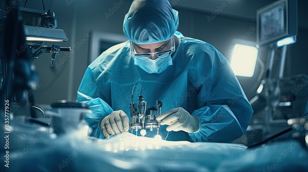 Photograph of a skilled male surgeon performing a delicate procedure in ...