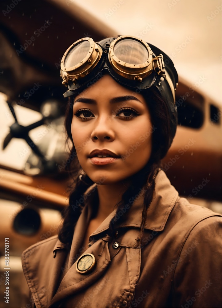 Confident black woman aviator pilot front of plane with googles and ...