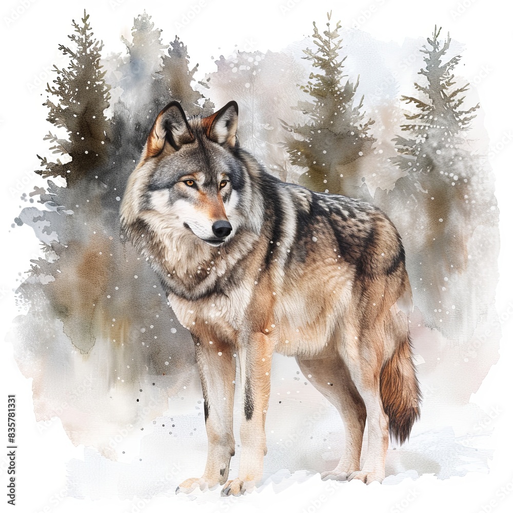 Wolf in snowy forest watercolor clipart illustration on white ...