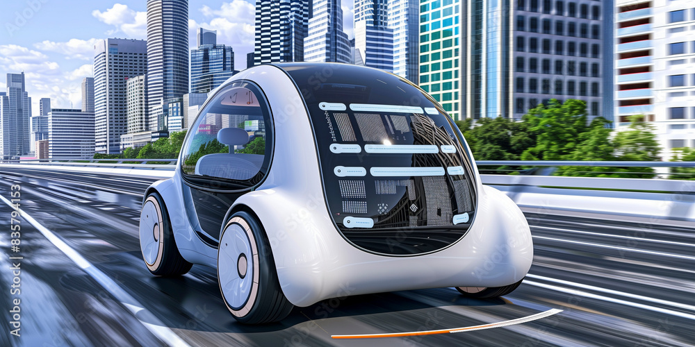 Autonomous Electric Vehicle on a Smart Road A sleek, autonomous ...