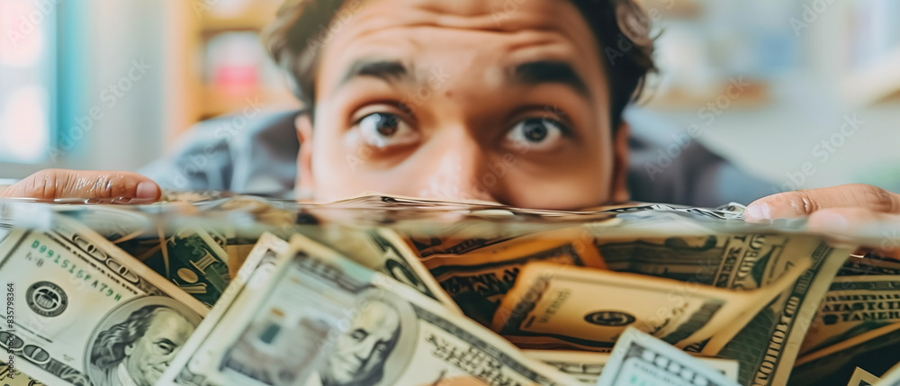 Drowning in debt: a modern mans financial struggle. A close-up image of ...