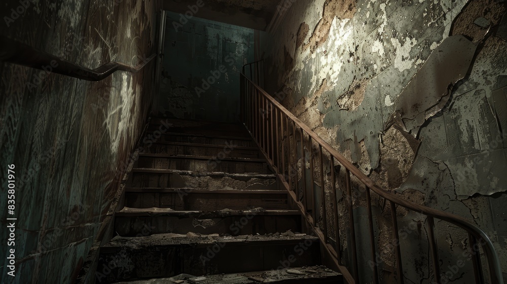 Staircase leading to a dimly lit basement with a tattered wall creating ...