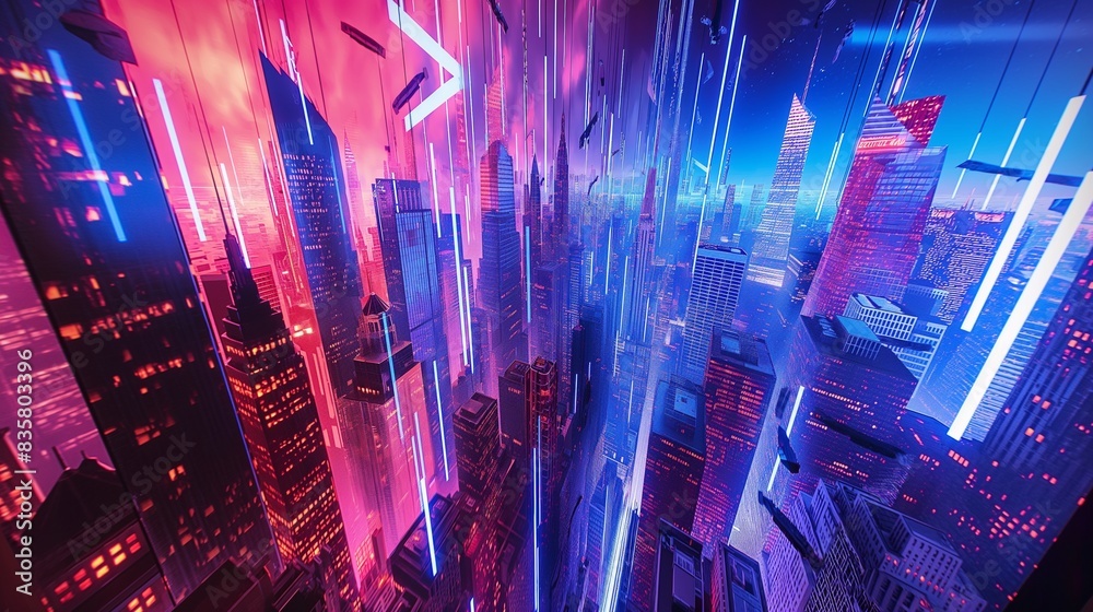 A futuristic cityscape in 3D on a wall, with skyscrapers that appear to ...