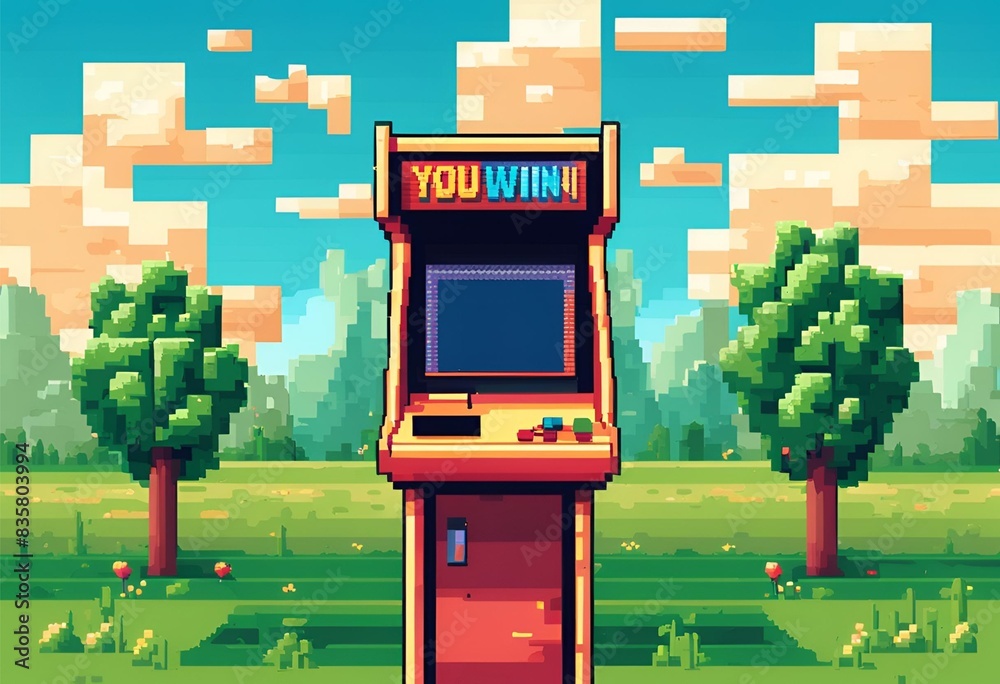 Game screen pixel art vector concepts: arcade machine, 8-bit landscape ...