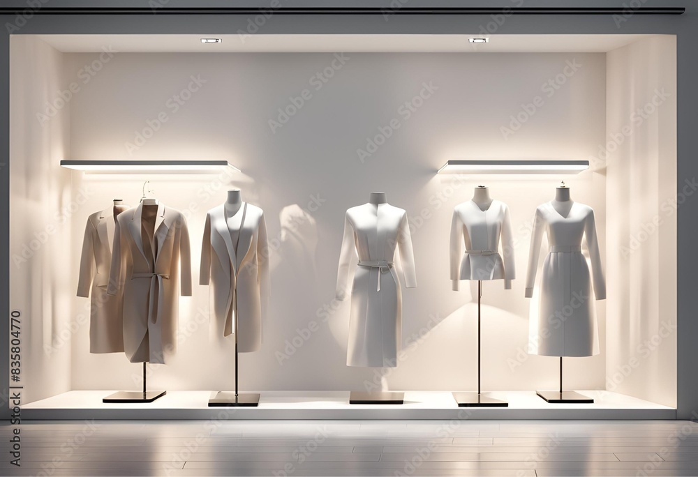 : White modern fashion clothes shop, luxury, window display, store ...