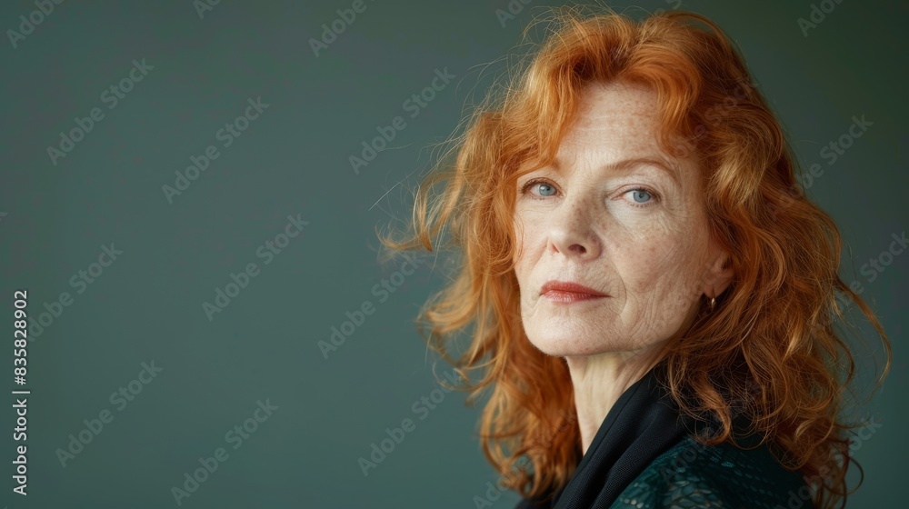 Confident mature woman with red hair, studio portrait on colorful ...