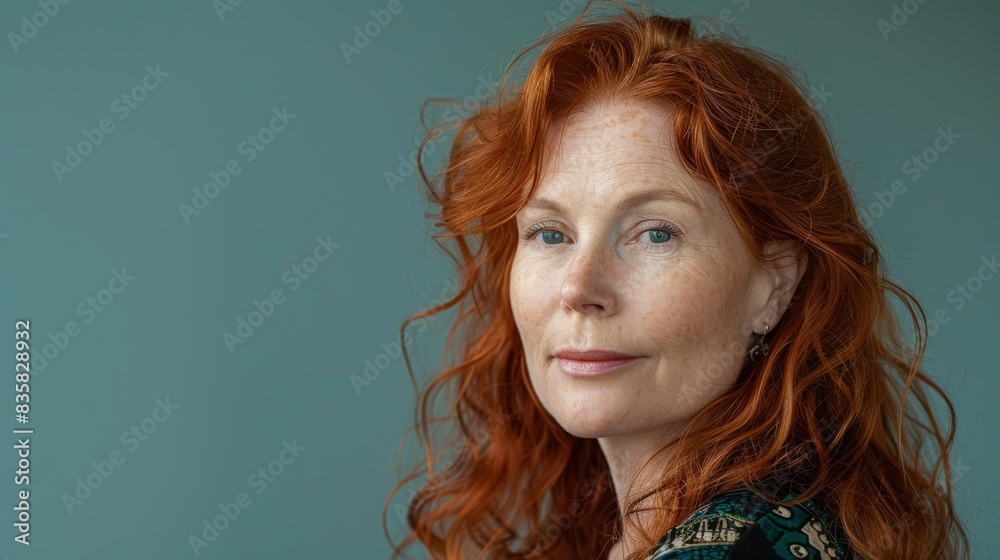 Confident mature woman with red hair, studio portrait on colorful ...
