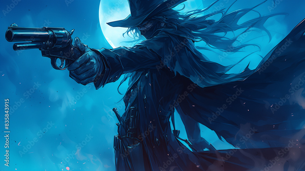 A man in a dark long trench coat, tricorn hat, and face mask aiming a ...