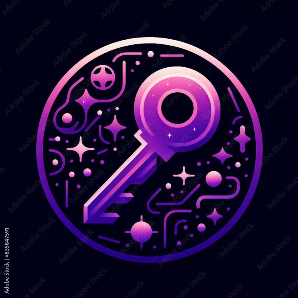 neon icon, depicts a key with cosmic and celestial elements inside its ...