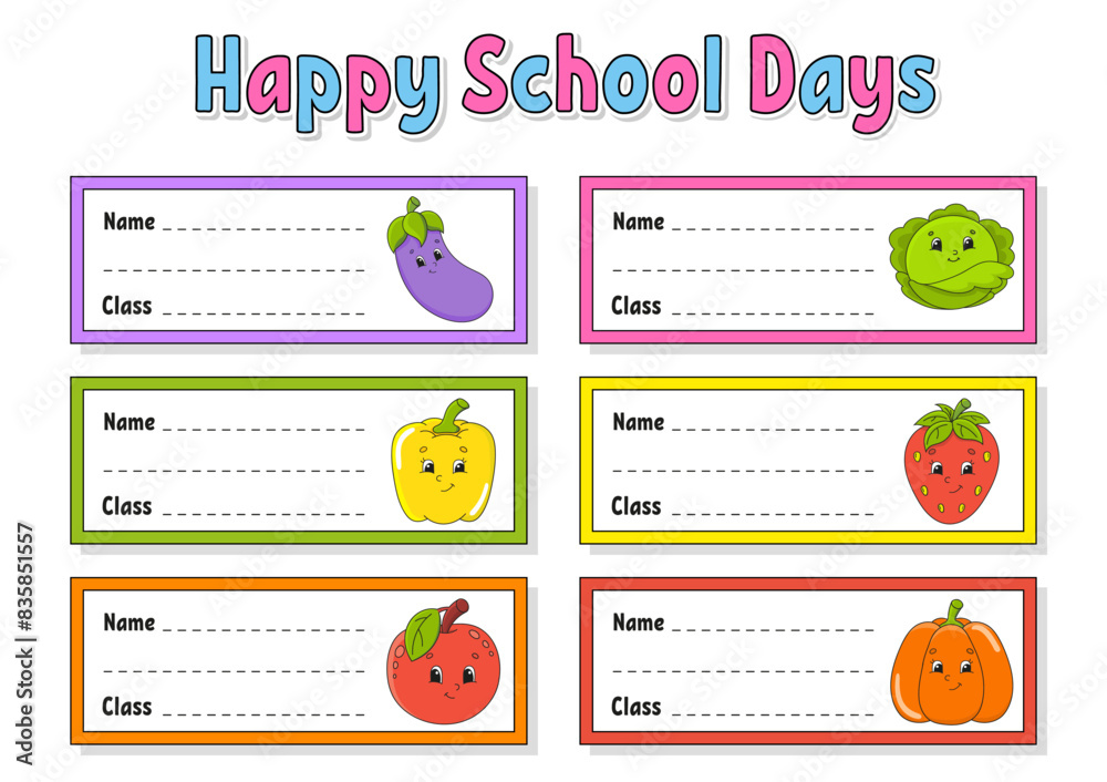 Name and class. Back to school labels. Set stickers for notebook ...