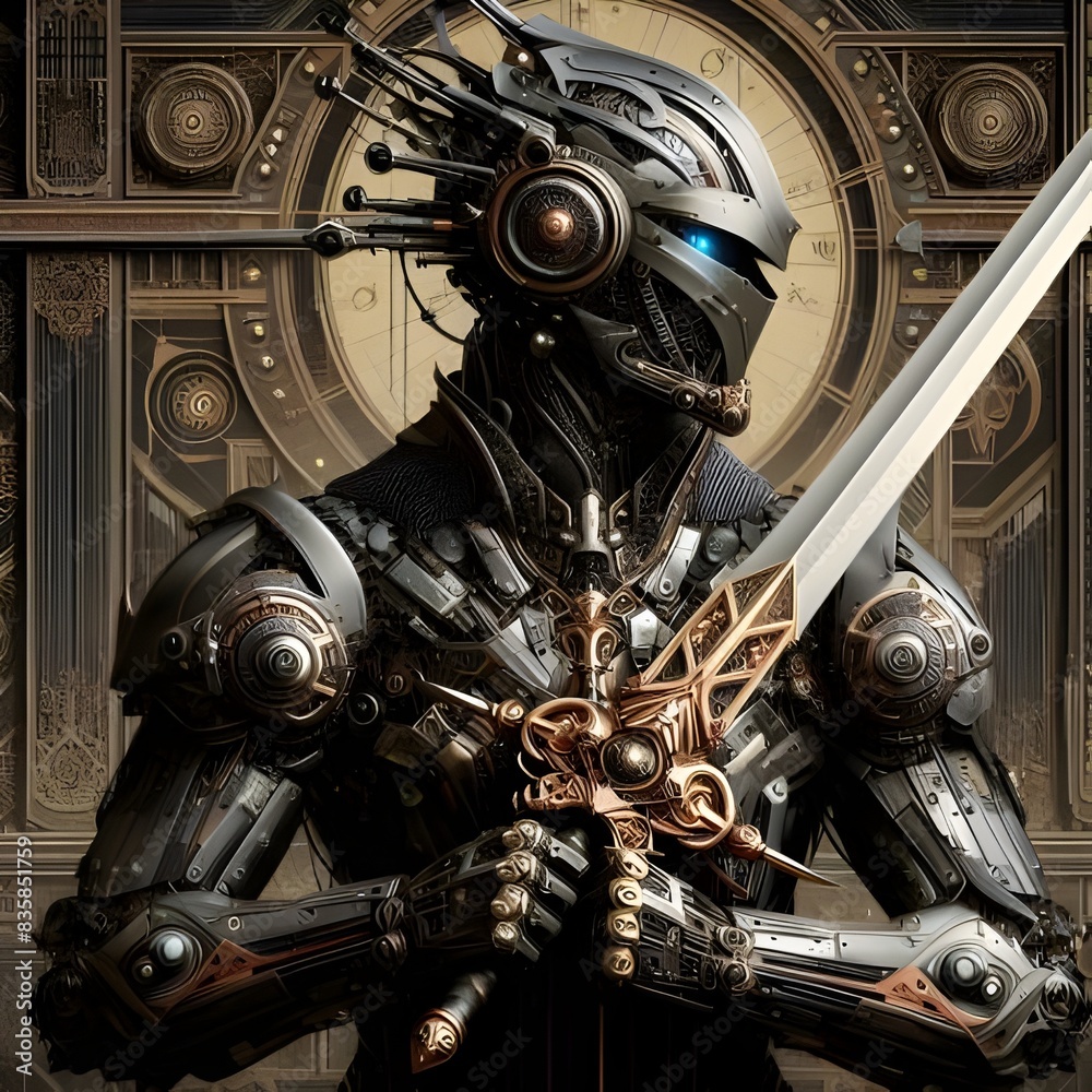 Futuristic knight in advanced armor with a detailed sword, blending ...