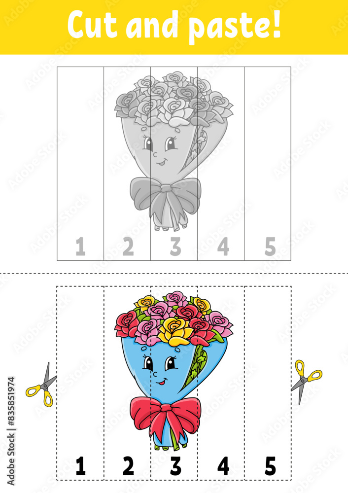 Learning numbers 1-5. Cut and glue. cartoon character. Education ...