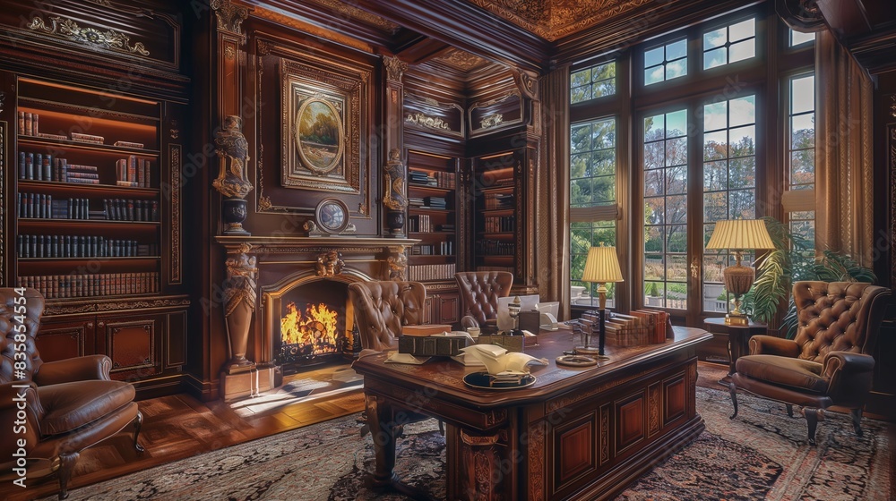 An opulent study room with a large mahogany desk, leather-bound books ...