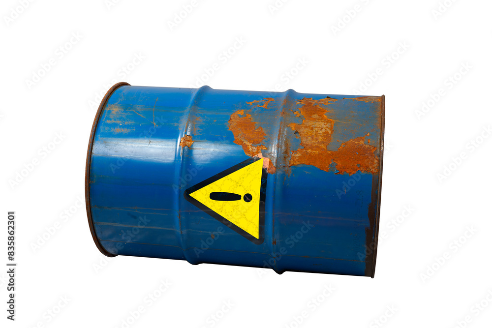 Blue barrel with biohazard warning exclamation mark, toxic waste. The ...