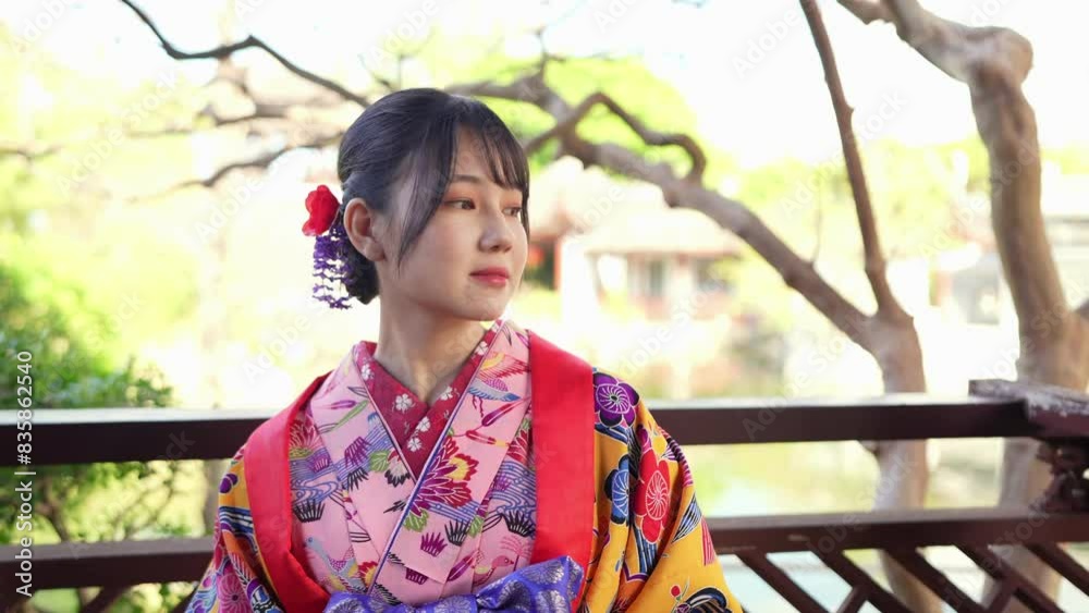 A young woman in her twenties, wearing traditional Ryusou, sits ...