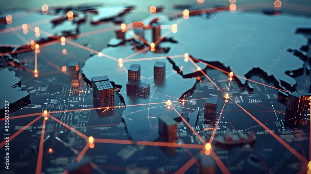 A global network showing the flow of goods from raw materials to ...