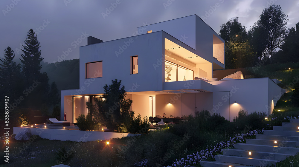 modern cube house with warm glowing lights at night, showcasing harmony ...