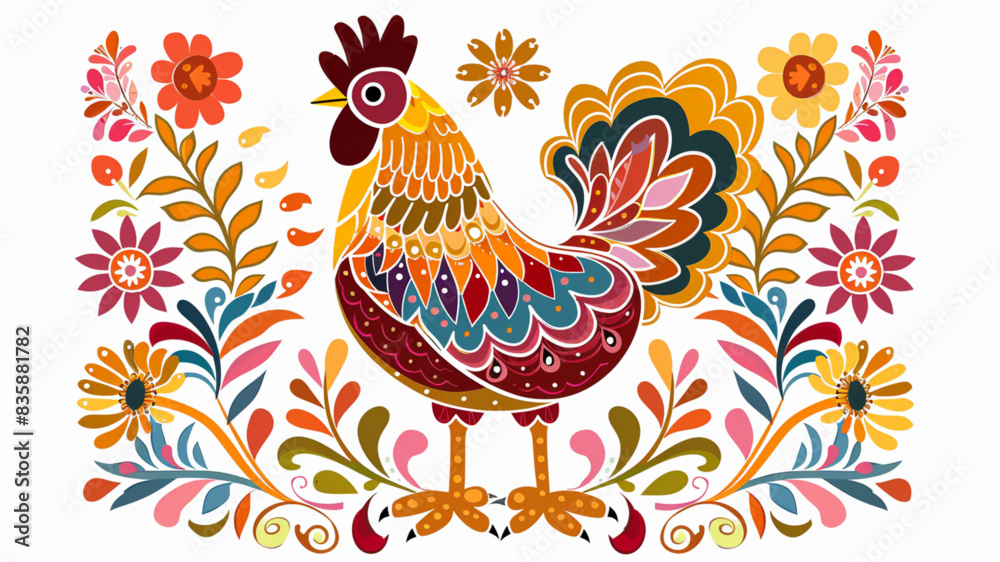 Folk Art Rooster with Floral Background, vector illustration ...