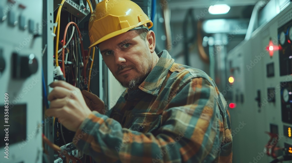 technician in uniform and safety helmet operates control panel ...