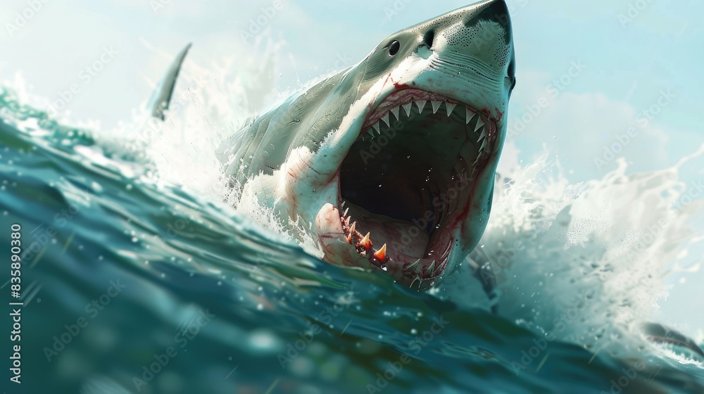 A great white shark with its mouth open wide, showcasing razor-sharp ...