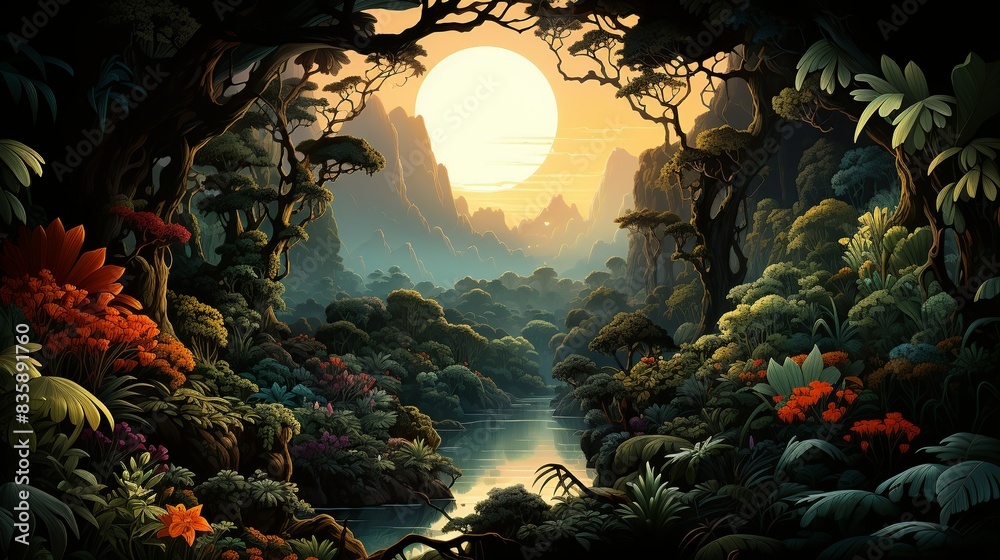 An image of a lush tropical rainforest with diverse plant and animal ...