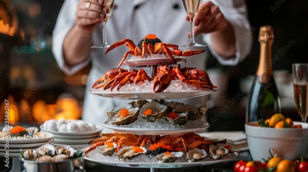 A chef preparing a gourmet seafood tower with layers of crab legs ...