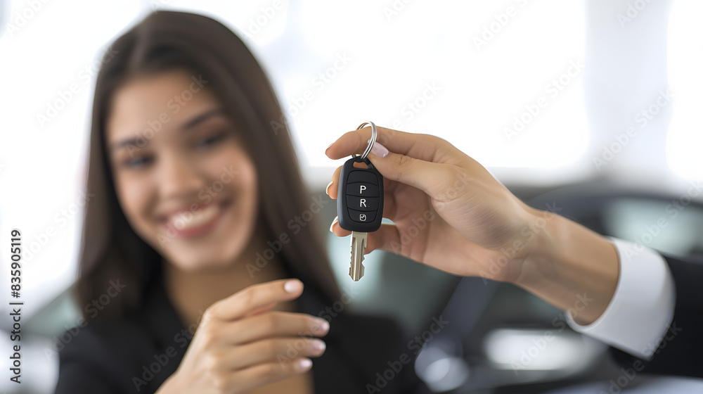 Smiling woman receiving her car keys in auto saloon. happy salesman ...