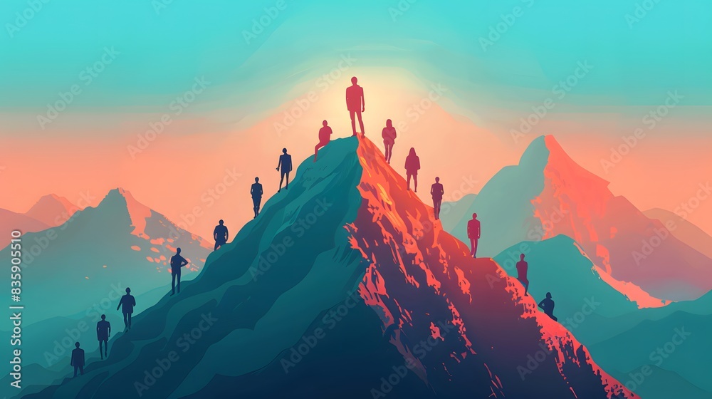 A leader standing atop a mountain peak, inspiring their team to reach ...