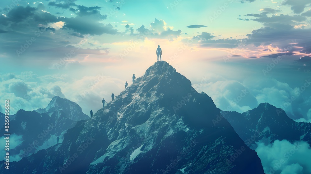 A leader standing atop a mountain peak, inspiring their team to reach ...