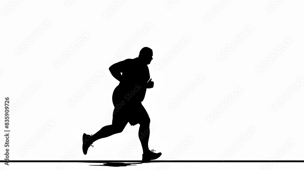 Silhouette of overweight man running sprinting on road. fat man runner ...