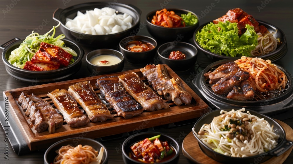 a samgyeopsal feast, showcasing grilled pork belly and various side ...