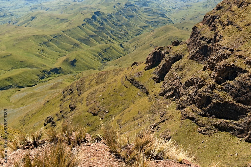 View of Maloti-Drakensberg Park near the Sani Pass. The mountain massif ...