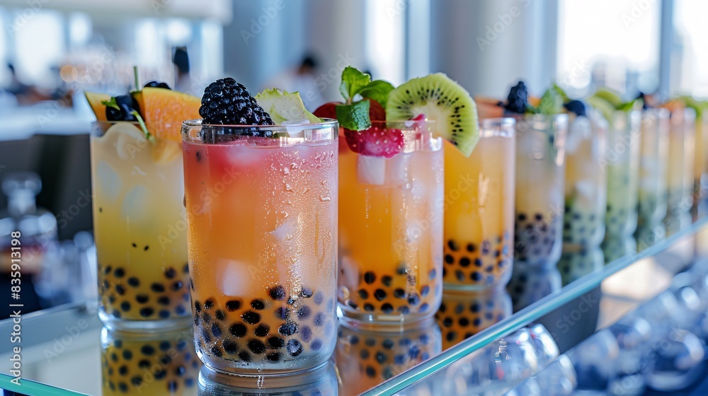 An extravagant boba tea tasting event, showcasing a lineup of custom ...