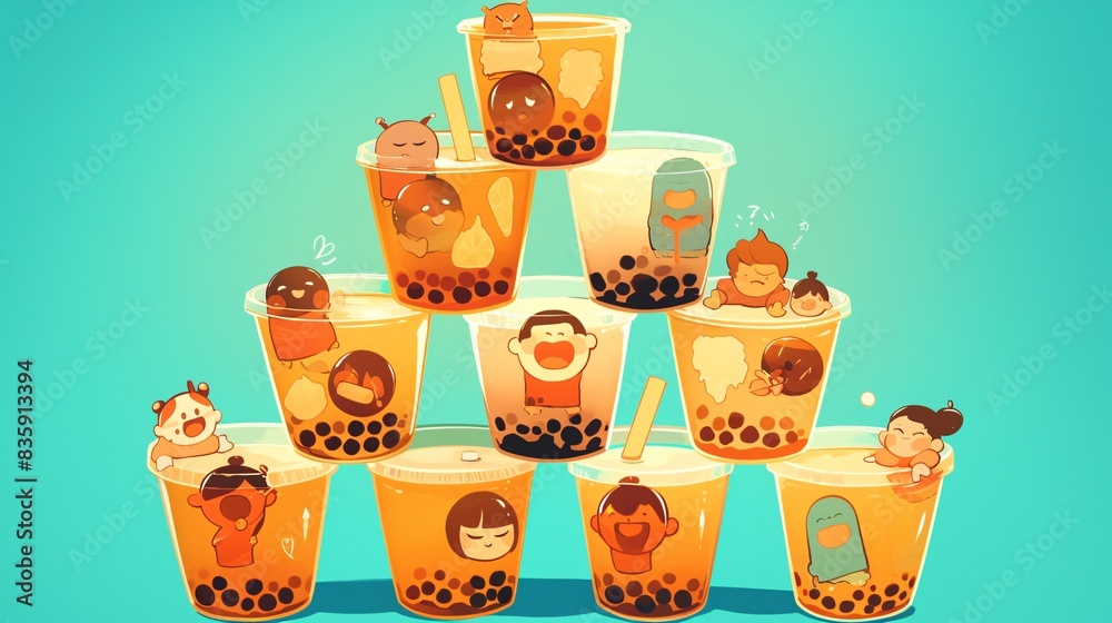 A playful illustration of boba tea cups arranged in a pyramid, with ...