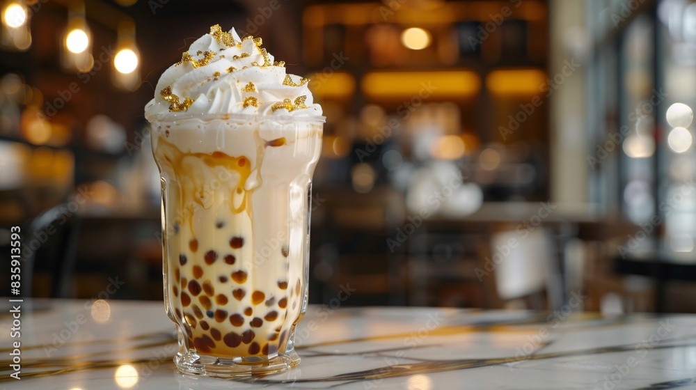 A lavish display of luxury boba tea, featuring a crystal-clear glass ...