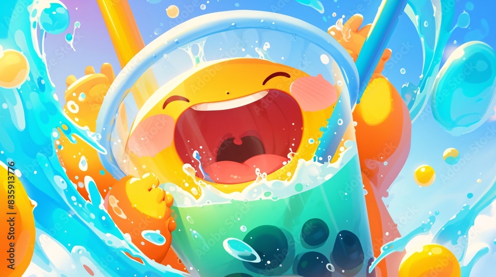 An adorable cartoon character happily sipping boba tea through a ...