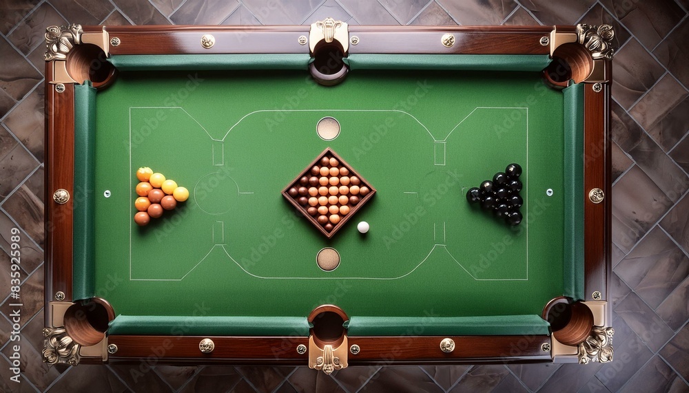 a hyper-realistic top view of a snooker board, details of the balls ...