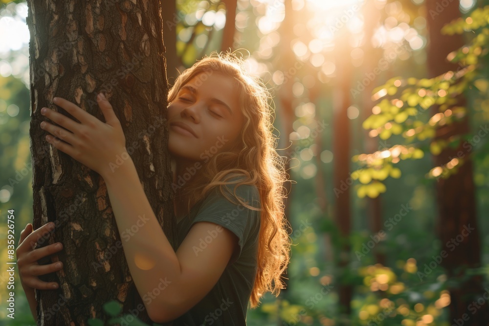 Young woman tree hugging in the forest in concept of people love nature ...