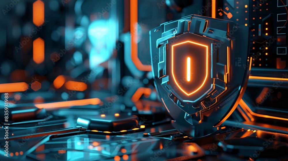Futuristic shield defending a cluster of computers from virtual dangers ...