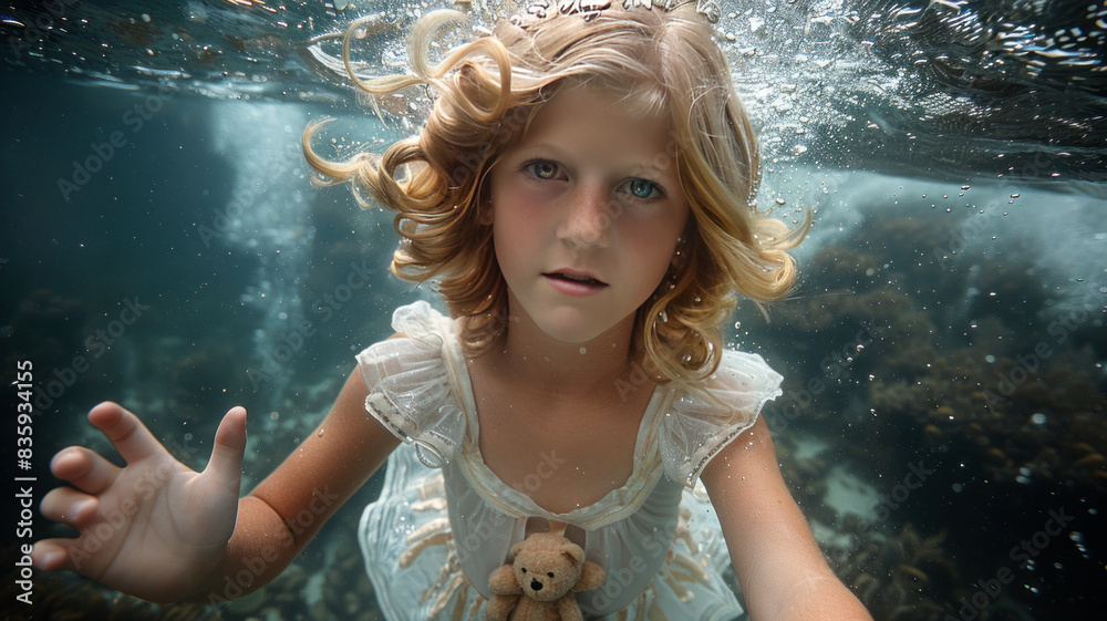 a , screaming, terrified ten year old girl sinking deep in water ...