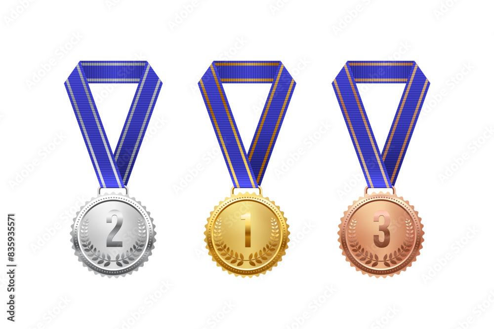 Gold, silver, bronze medals with numbers place with blue ribbon set ...