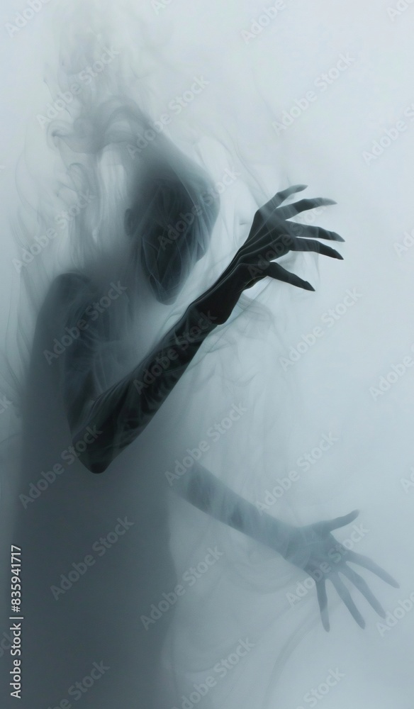 Ethereal humanoid figure shrouded in a ghostly mist captured in a haunting and surreal image ...