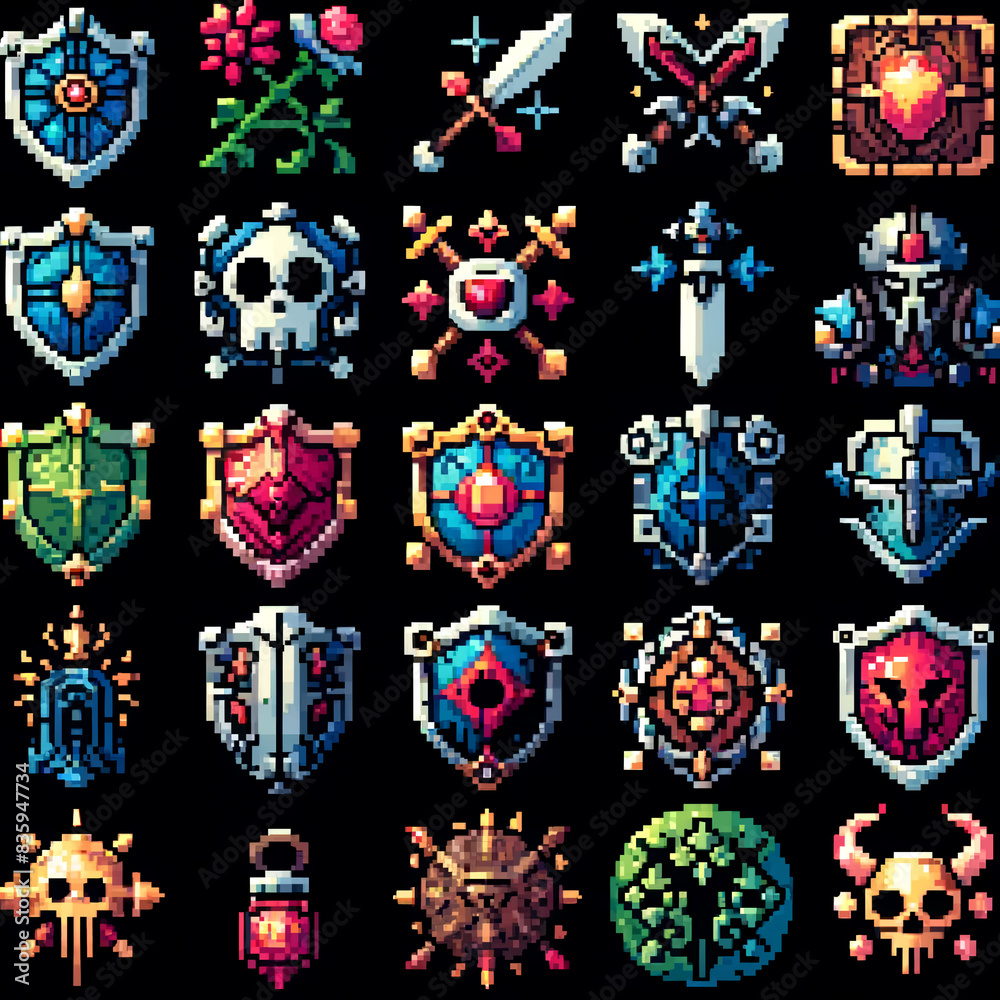Pixel art RPG cursed shields collection Stock Illustration | Adobe Stock