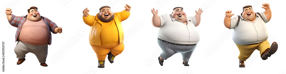 Set of 3d cartoon cute happy smiling fat man standing dancing ...
