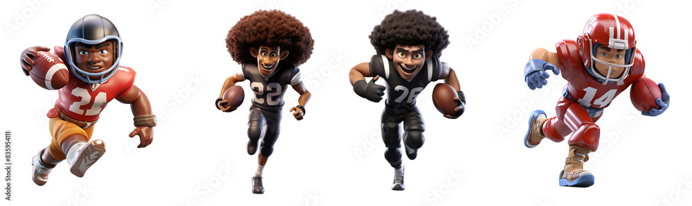 Set of 3D cartoon character American football man players in action ...